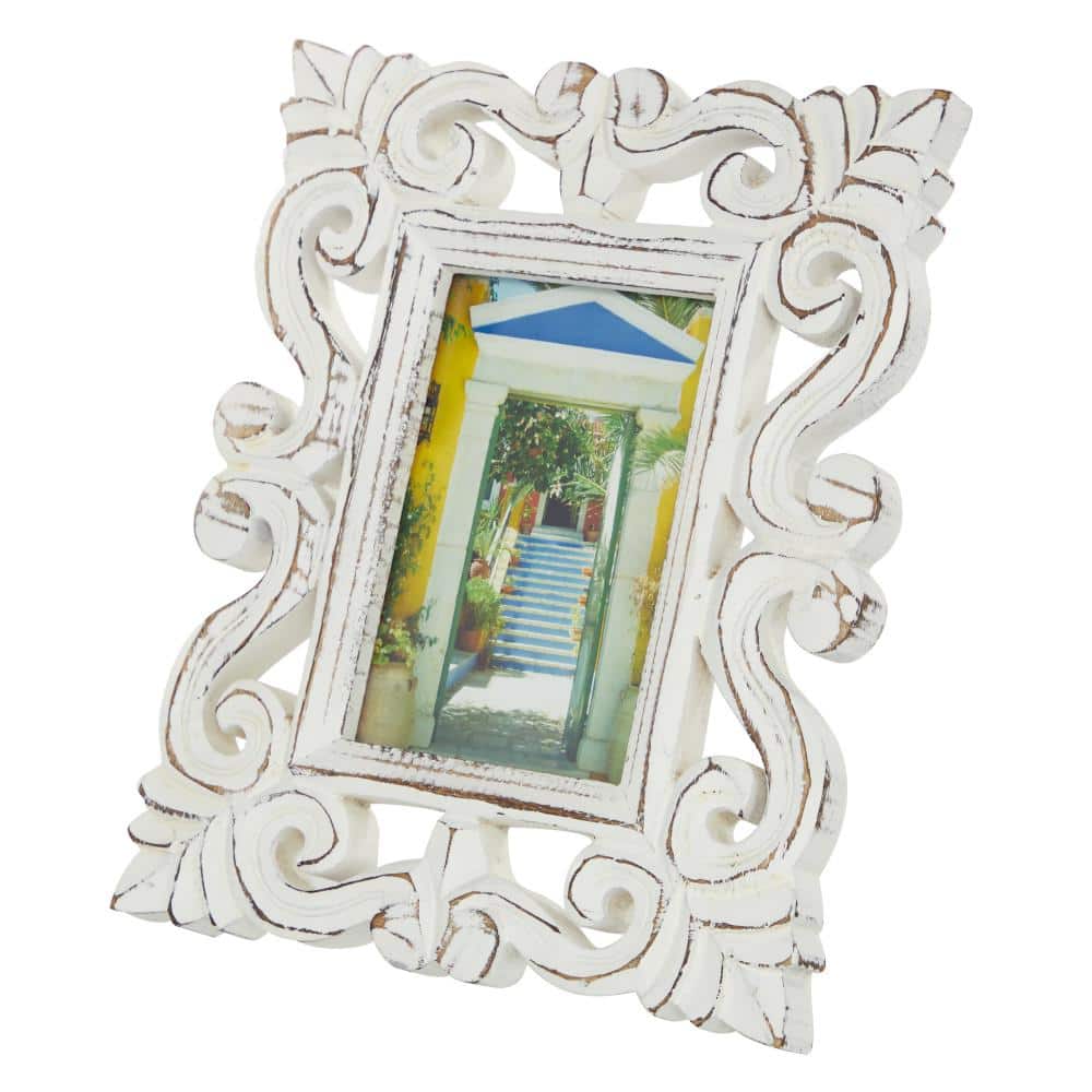 Litton Lane 4" x 6" White Handmade Intricate Carved Scroll Mango Wood ...
