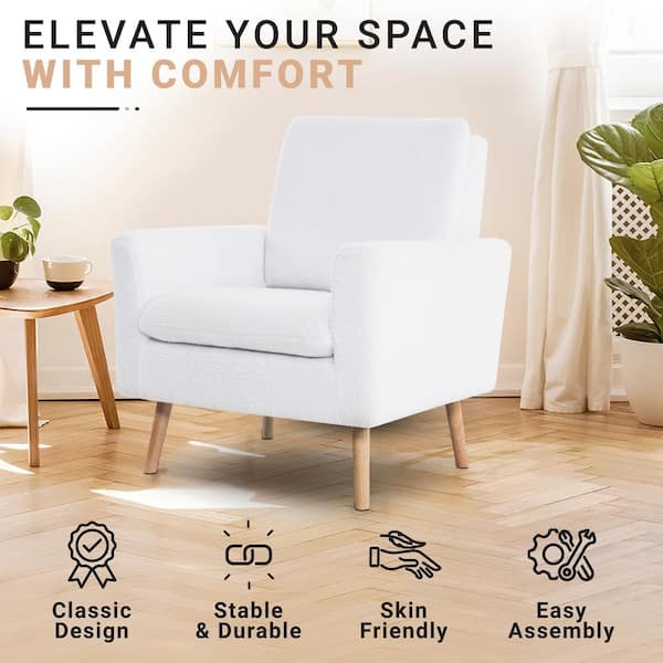 Mid Century Modern Chair Durable Wood Frame Arm Chairs for Living Room Teddy Fleece Accent Chair for Bedroom in White