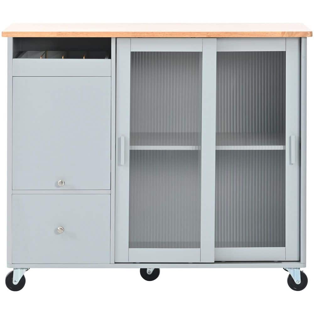 LED Light 44 in. MDF Gray Kitchen Cart with Cabinets, 2 Fluted Glass ...