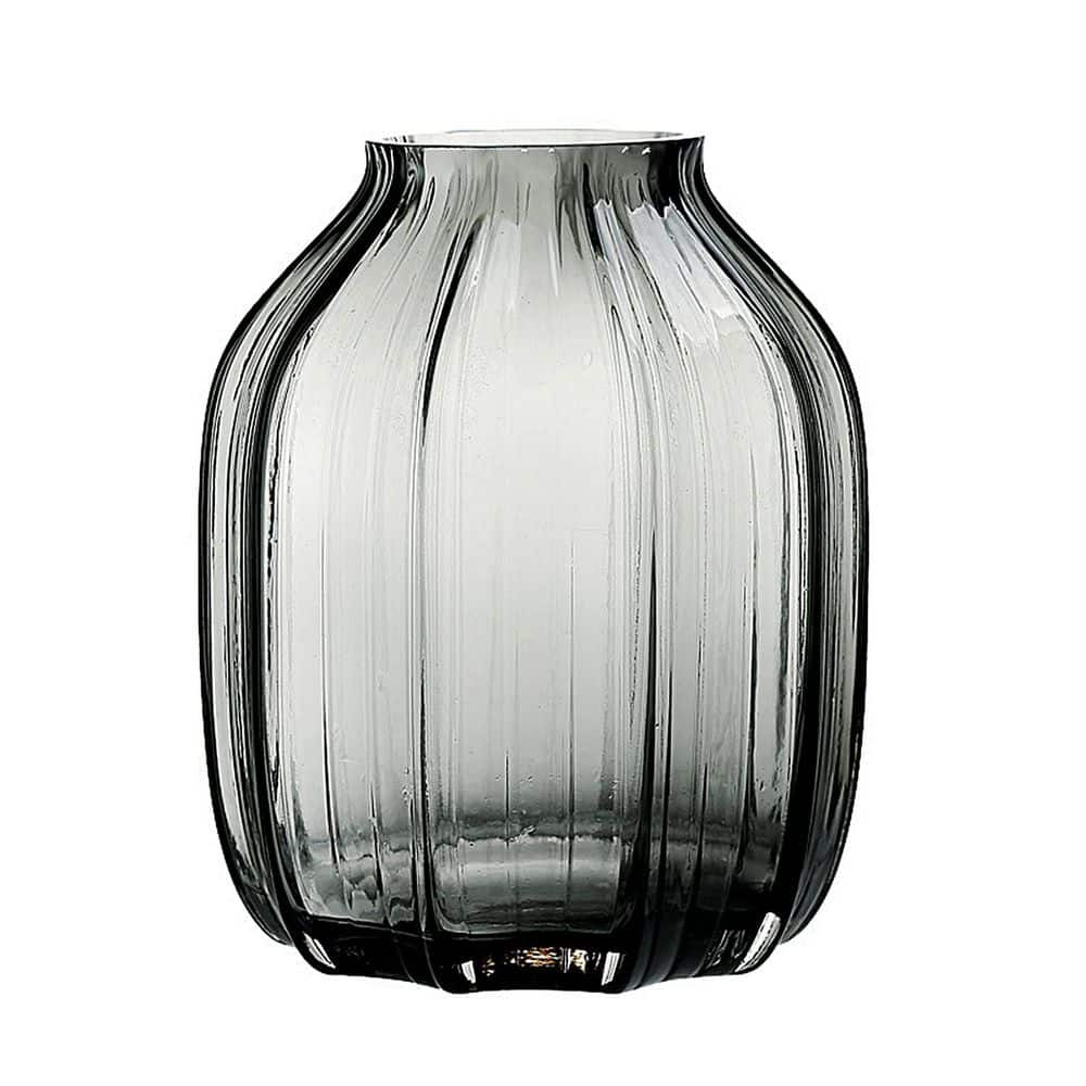 8 in. Smoke Gray Glass Vase for Flowers, Bud Tall Simple Striped Design ...