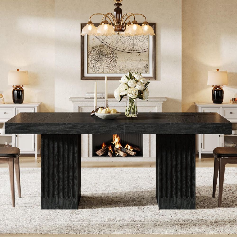 BYBLIGHT Roesler 63 in. Black Wood Rectangle Large Pedestal Dinning ...