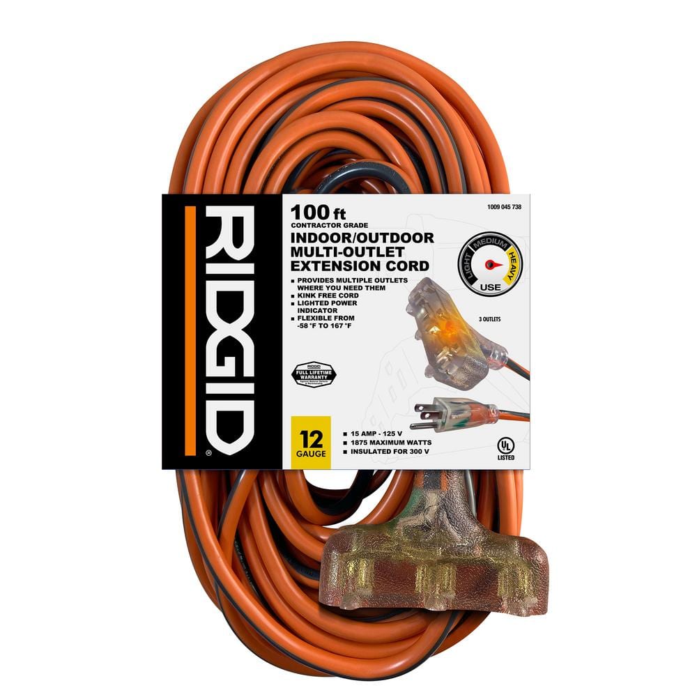 RIDGID 100 ft. 12/3 Heavy Duty Indoor/Outdoor Extension Cord with ...