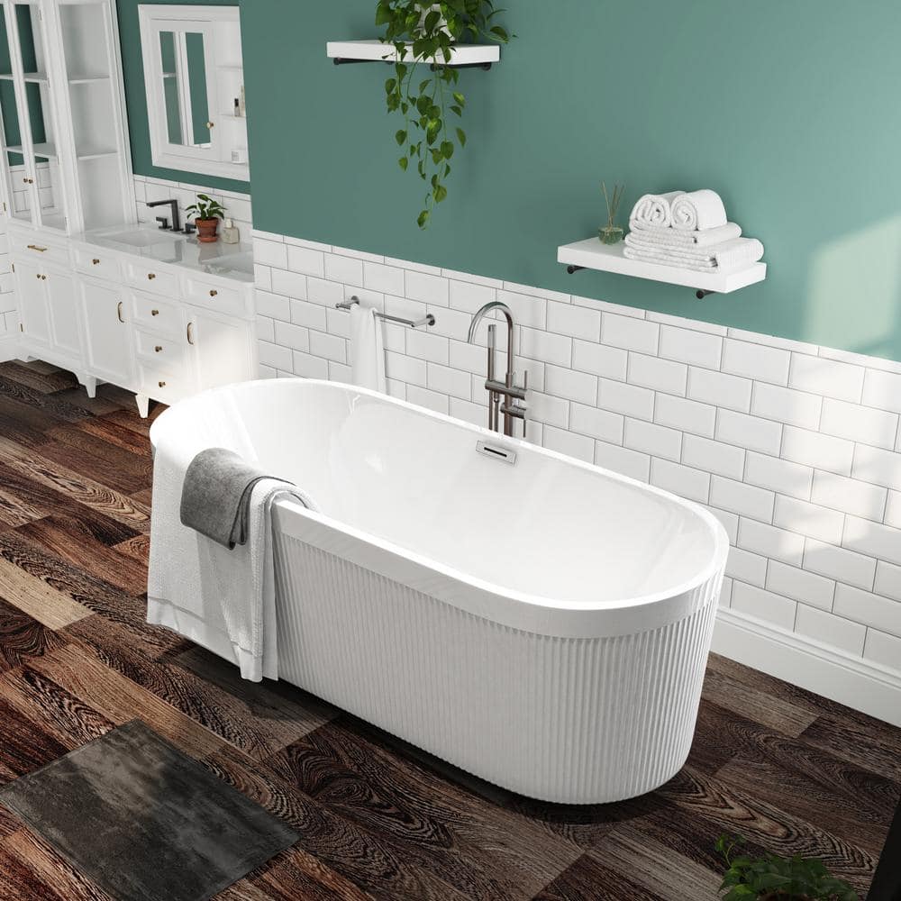 FORCLOVER 67 in. x 30 in. Acrylic Pleated Flat Bottom Soaking Bathtub ...