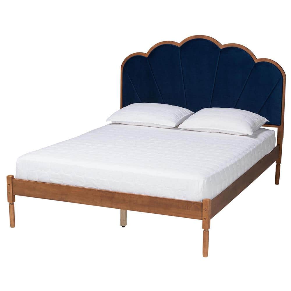 Baxton Studio Hadria Navy Blue and Walnut Brown Wood Frame Queen ...
