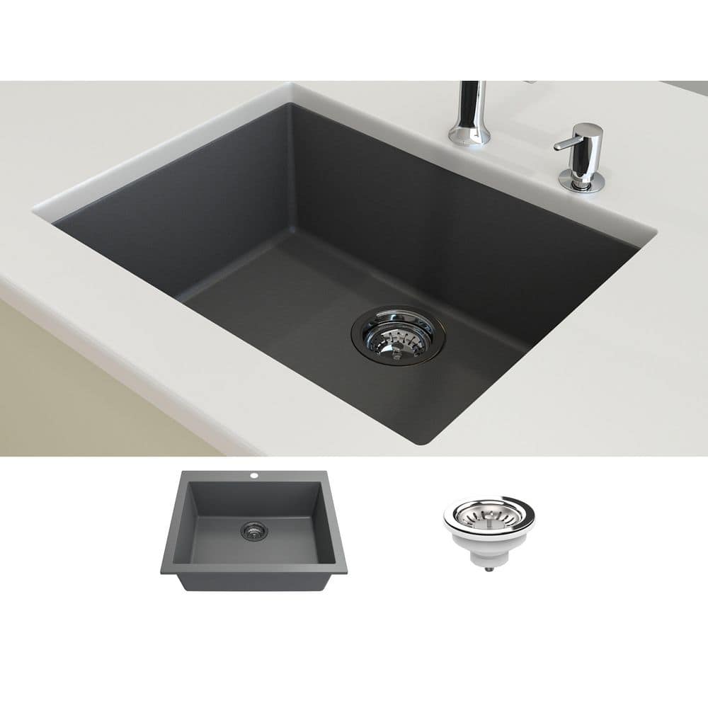 TerraLife Hyperion 24 in. Drop-In/Undermount Single Bowl Concrete Gray ...