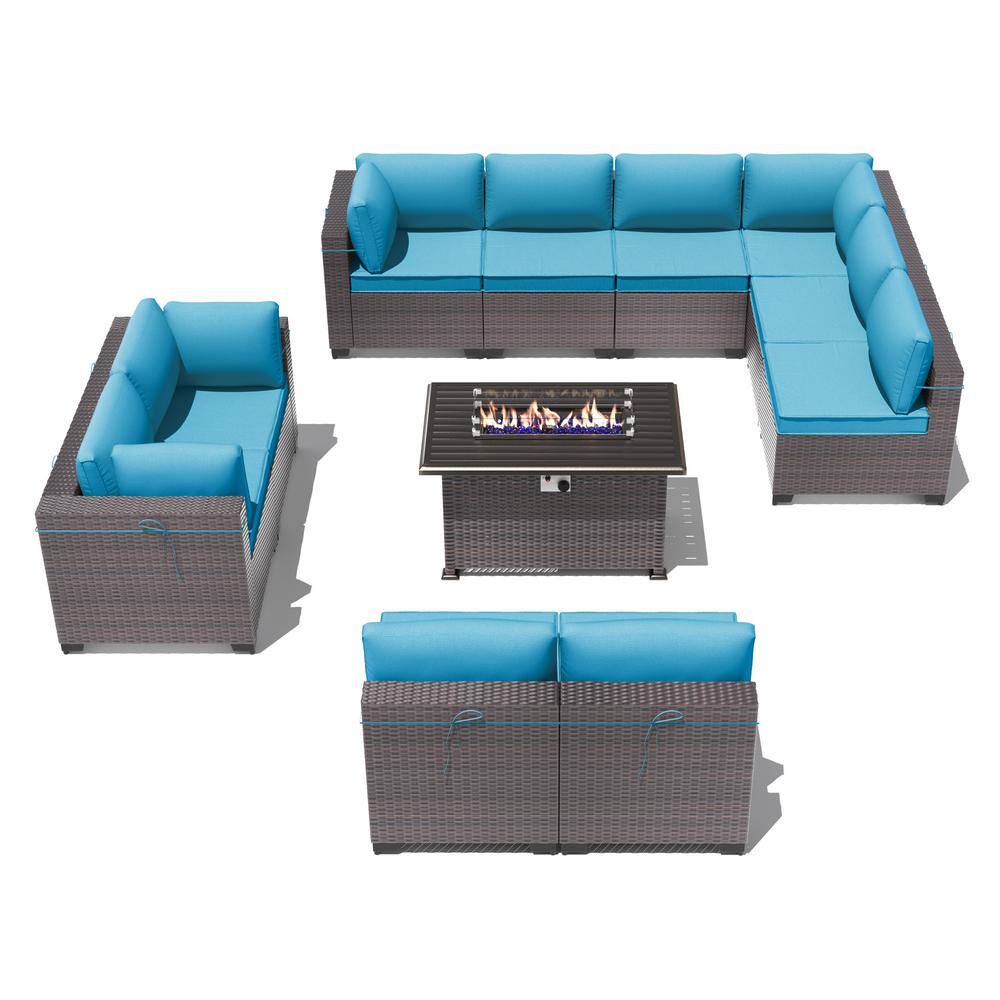 Halmuz 11-Piece Wicker Patio Conversation Set with 55000 BTU Gas Fire ...