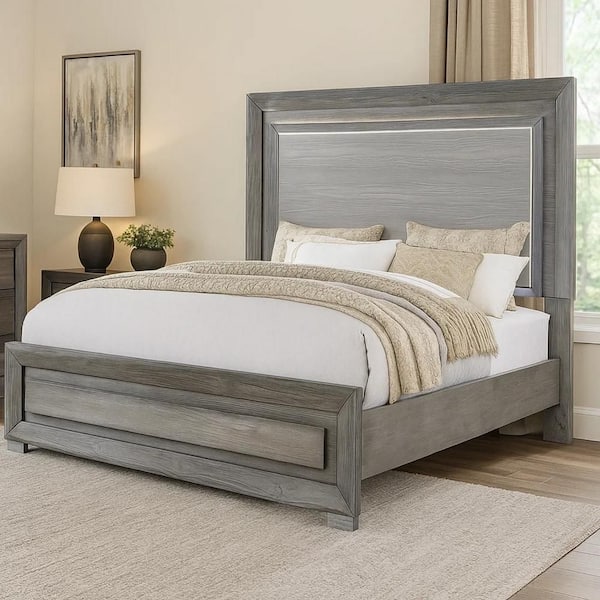 Benjara Reno Wood Frame Queen Panel Bed with Transitional Panel Design ...