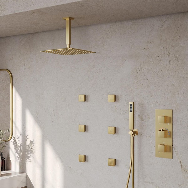 GRANDJOY Anti Scald Shower Trims and Valve 5-Spray Ceiling Mount 12 in ...