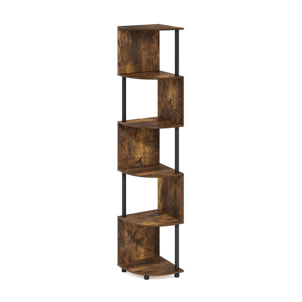 Furinno Econ 71.26 in. Tall Amber Pine/Black Wood 5-Shelf Zigzag Corner Bookcase 24014APBK - The ...