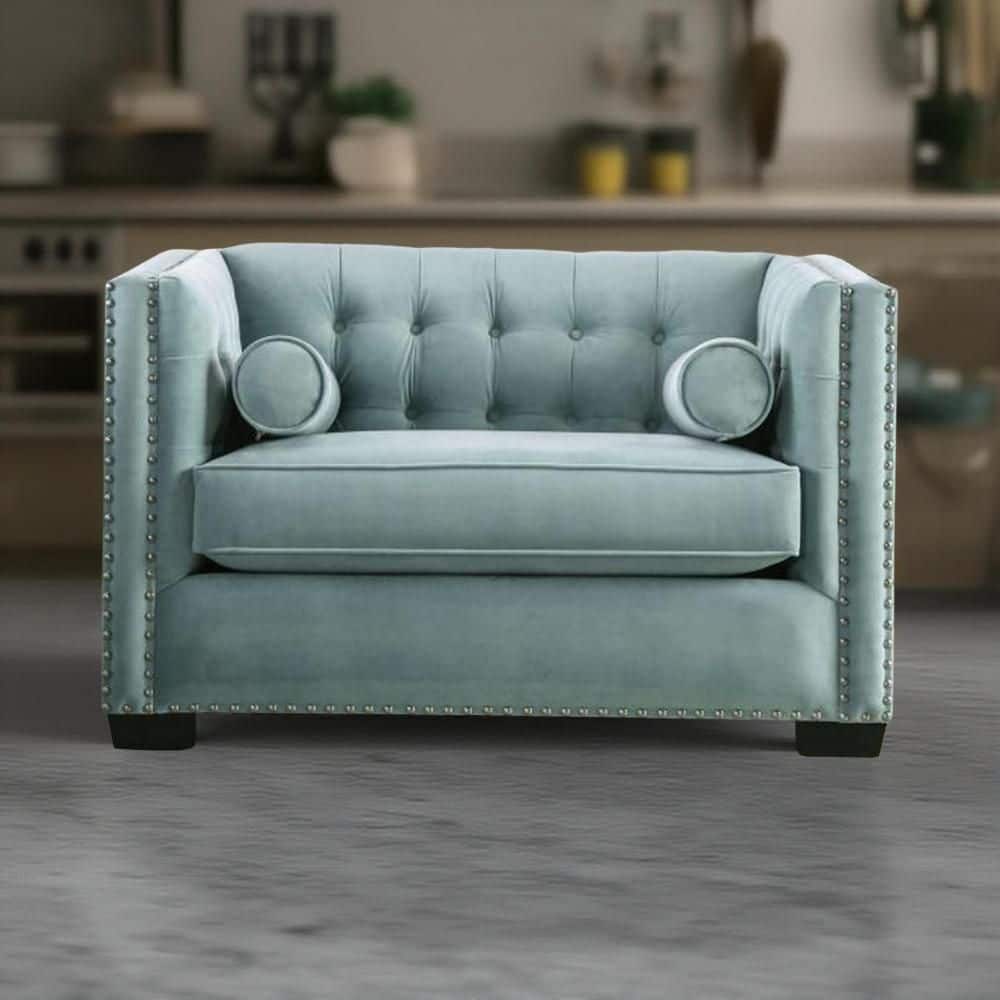 Benjara Leone Pale Teal Blue Fabric Accent Chair with 2-Bolster Pillows ...