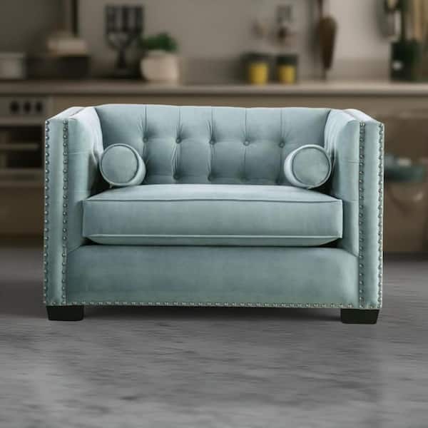 Benjara Leone Pale Teal Blue Fabric Accent Chair with 2-Bolster Pillows ...