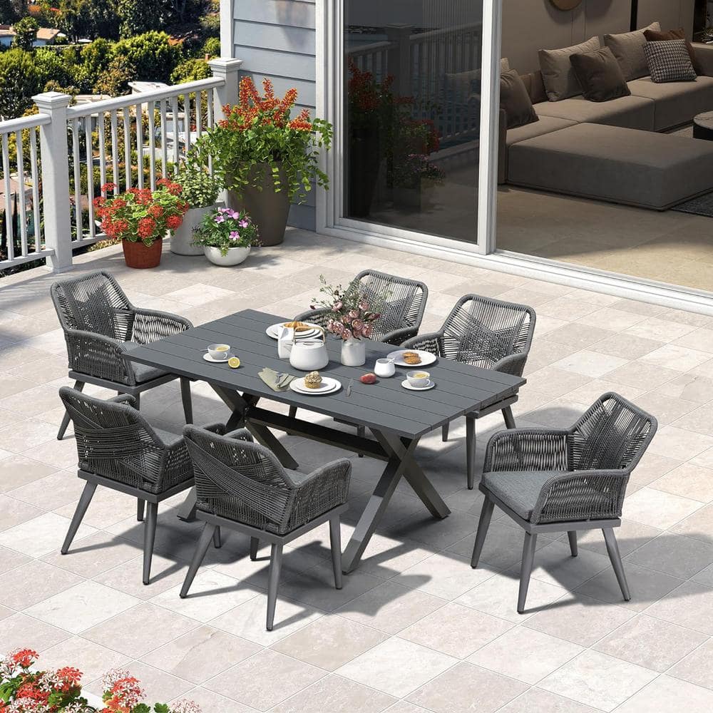 PURPLE LEAF 7-Piece Aluminum All-Weather PE Rattan Rectangular Outdoor ...