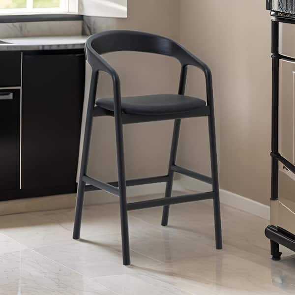 Benjara 34 in. Black Low Back Wood Frame Bar Stool with Faux Leather ...