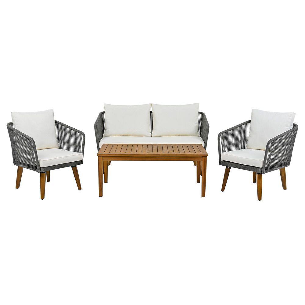 4-Piece Wood Outdoor Woven Rope Conversation Set Wood-Top Coffee Table ...