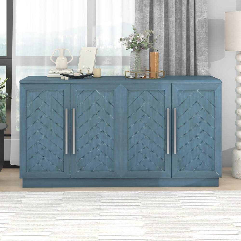 Antique Blue Wood 60 in. 4 Doors Sideboard Buffet Cabinet with Adjustable Shelves and Large Storage Space FY XW000013AAM The Home Depot