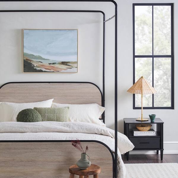 Industrial Gray Metal Frame Queen Canopy Bed with Wood Headboard and Footboard