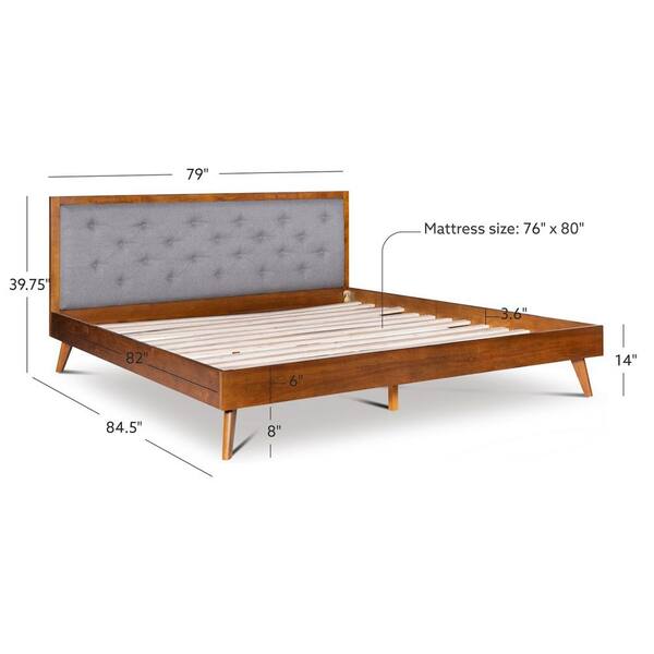 Linon Home Decor Ames Mid Century Walnut Brown Wood Frame King Platform Bed with Gray Tufted Headboard THD03599 The Home Depot