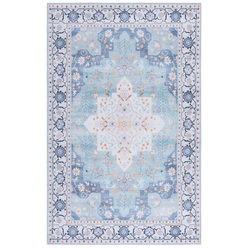 SAFAVIEH Tucson Aqua/Light Blue 5 ft. x 8 ft. Machine Washable Ornate ...