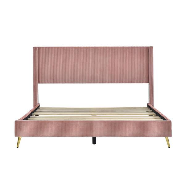 URTR Pink Wood Frame Queen Size Corduroy Upholstered Platform Bed with ...