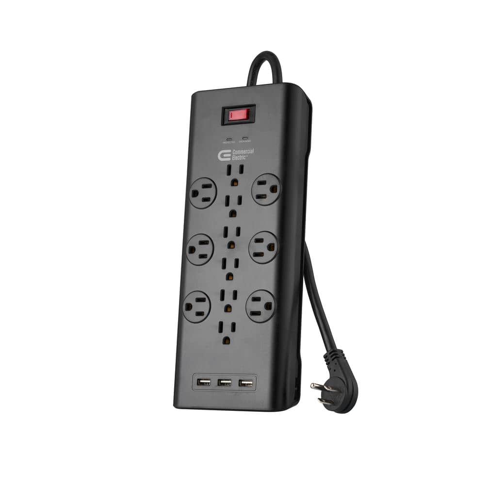Commercial Electric 6 ft. 12-Outlet Black Surge Protector with USB LTS ...