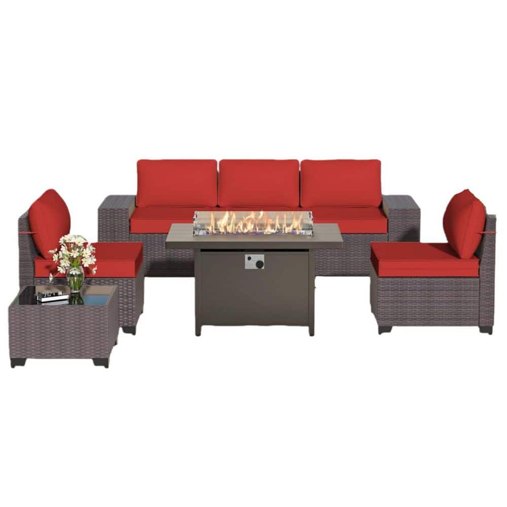 Zerpod 7-Piece Wicker Patio Conversation Set with Aluminum Fire Pit ...