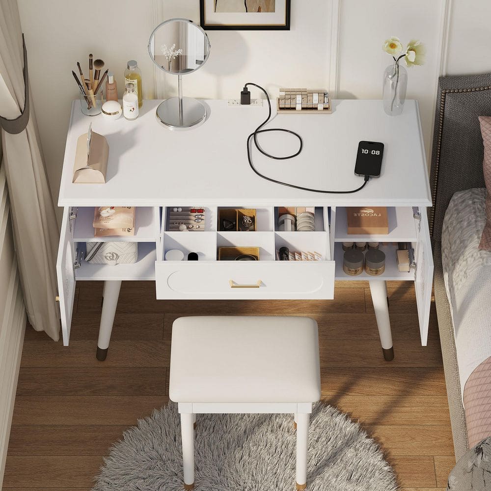White Makeup Vanity Set with Cushioned Stool and Built-In Power Outlet ...