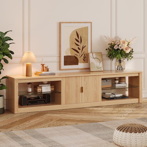 Bestier 80 in. Fluted Natural Wood Color TV Stand Fits TV Up to 85 in ...