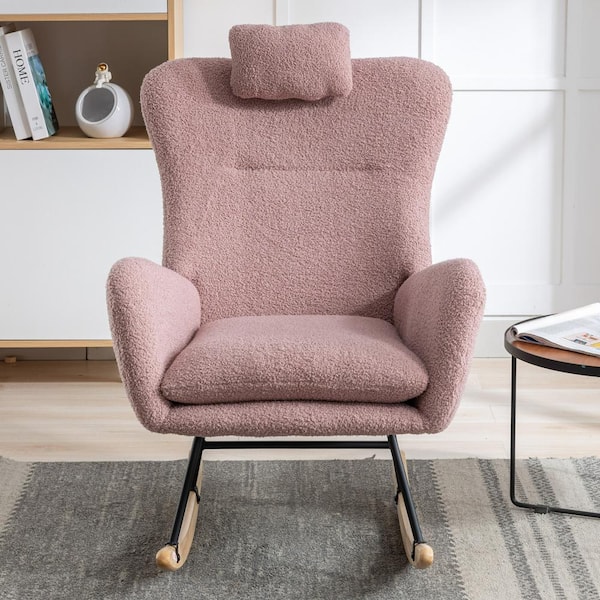 Clihome 35.5 in. Pink Rocking Chair with Pocket, Soft Teddy Fabric ...