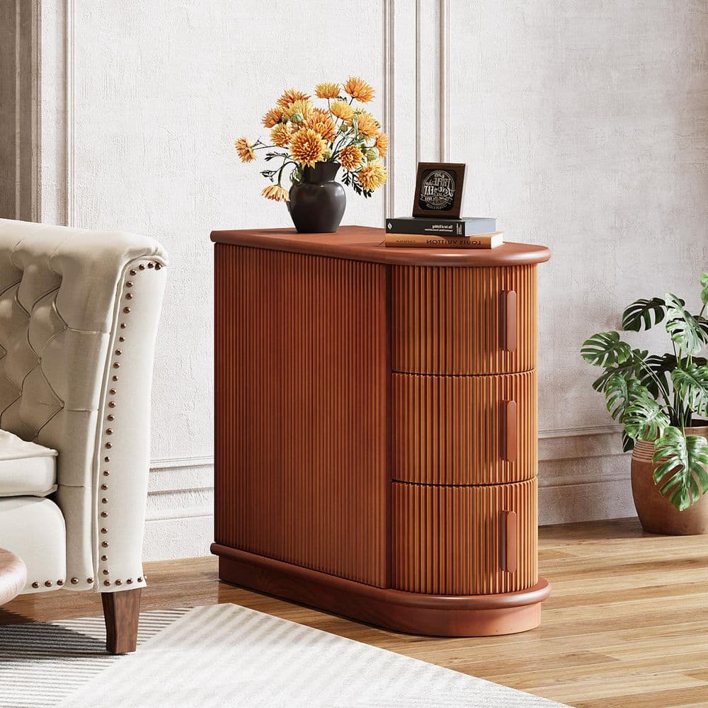 BYBLIGHT Fenley Walnut 3 Drawers Narrow Nightstand with Finished Back ...