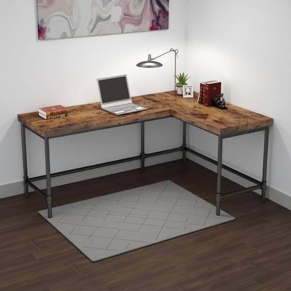 Benjara 66.93 in. L Shaped Brown and Black MDF and Metal Computer Desk ...