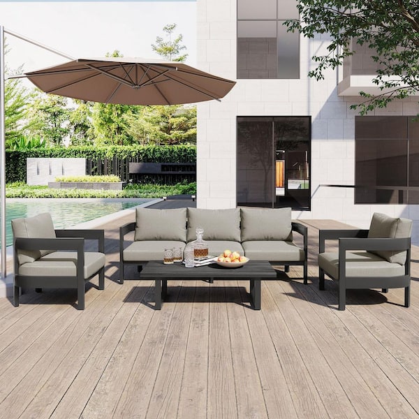 HomeAura 4-Piece Metal Patio Conversation Seating Set with Light Gray ...