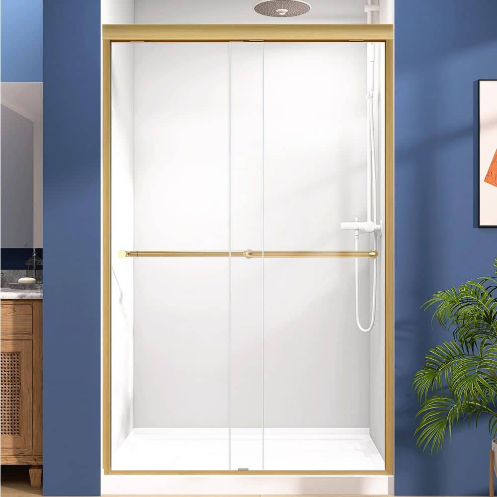 Zeafive 44 to 48 in. W x 75 in. H Double Sliding Shower Door in Gold ...