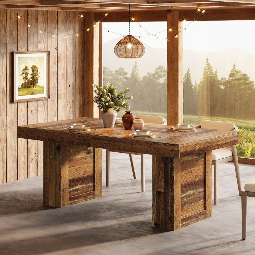 BYBLIGHT Roesler Farmhouse Brown Wood Dining Table, 63 in. Double ...