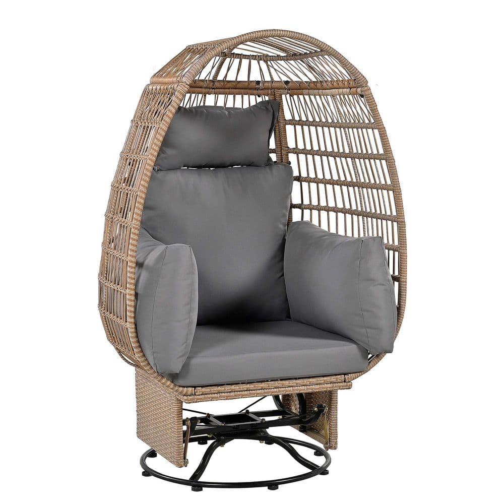 Brown Wicker Outdoor Rocking Chair Rattan Egg Patio Chair with Gray ...