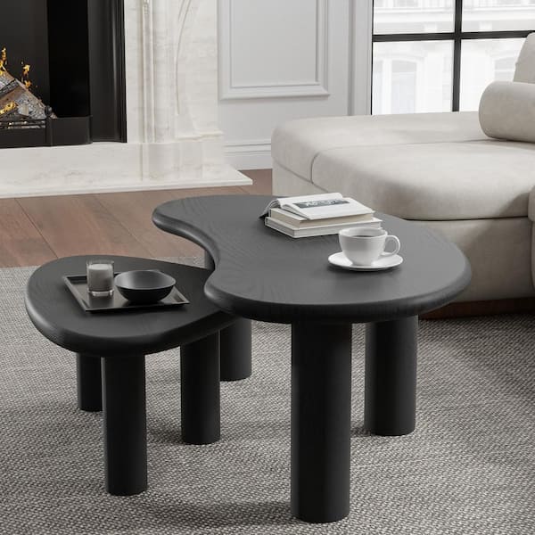Lirago 34 in. Black Kidney-Shaped Solid Wood Coffee Table with 2 Pieces ...