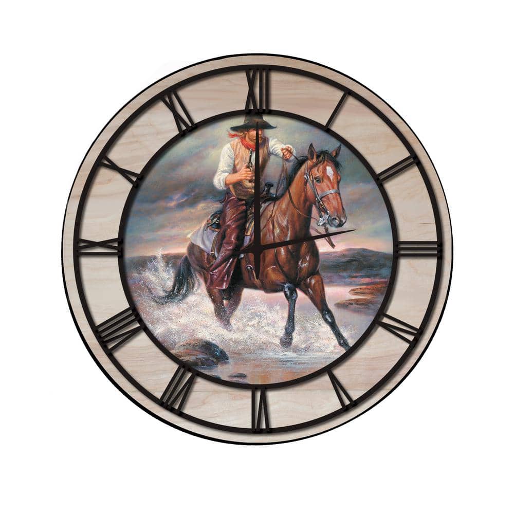 "The Crossing" Woodgrain Accent and Black Numbers Imaged Wall Clock CL ...