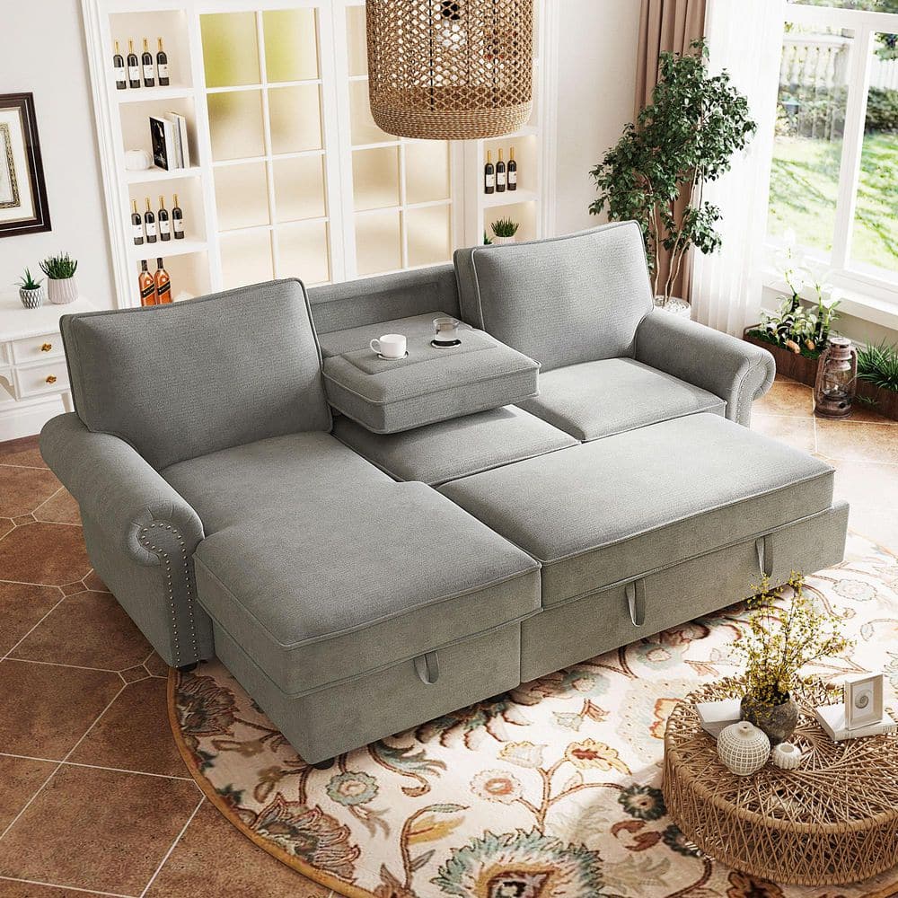 Polibi 95 in. Rolled Arm Polyester L-Shaped Sofa in Grey with Storage ...