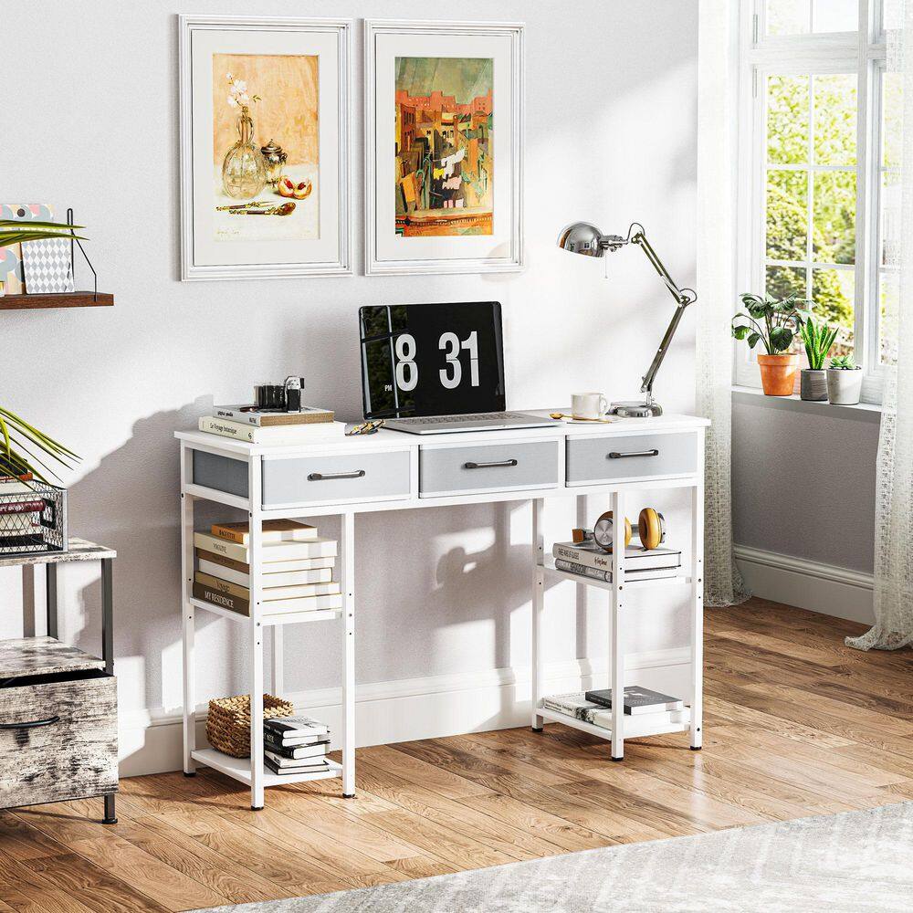 HOMCOM 47 in. White Writing Desk with 3 Fabric Drawers and 4 Shelves ...