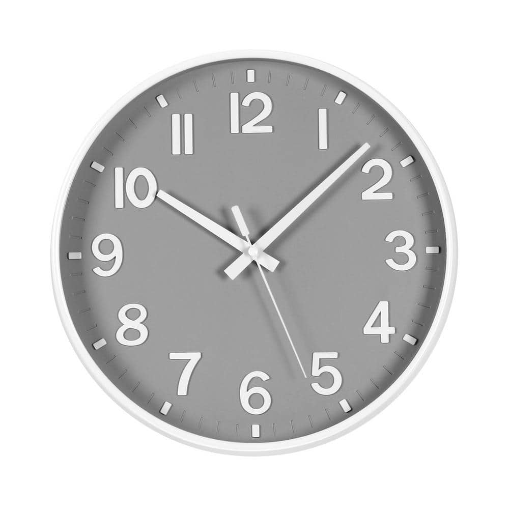 Oumilen 12 in. Silent Modern Gray Decorative Plastic Wall Clock HD-726 ...