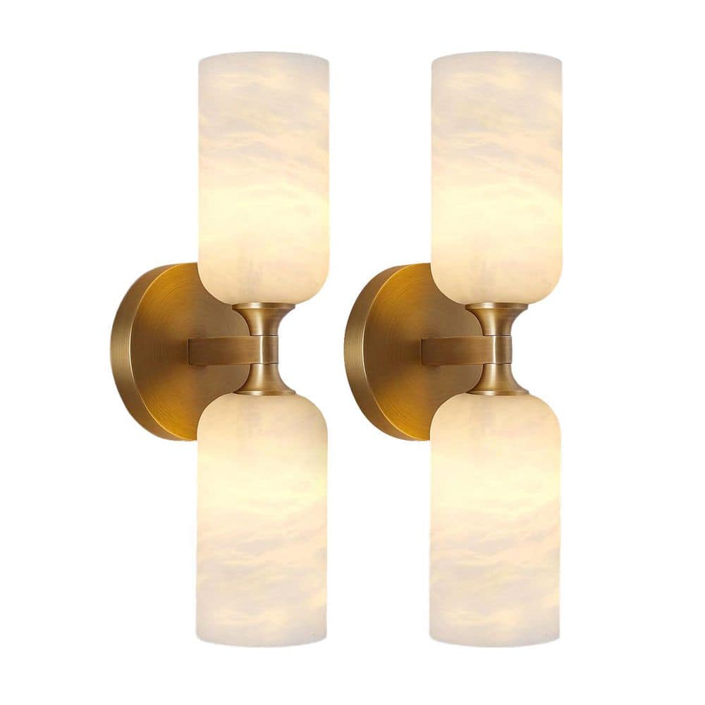 PUYRNF 2-Light 14 in. Brass Dimmable Alabaster Wall Sconces, Natural ...