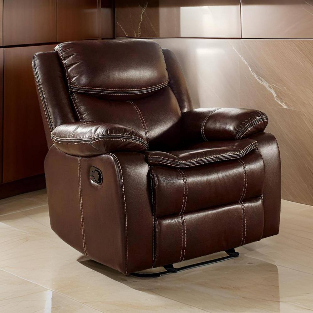 Benjara Brown Leatherette Standard Recliner with Contrast Stitching ...