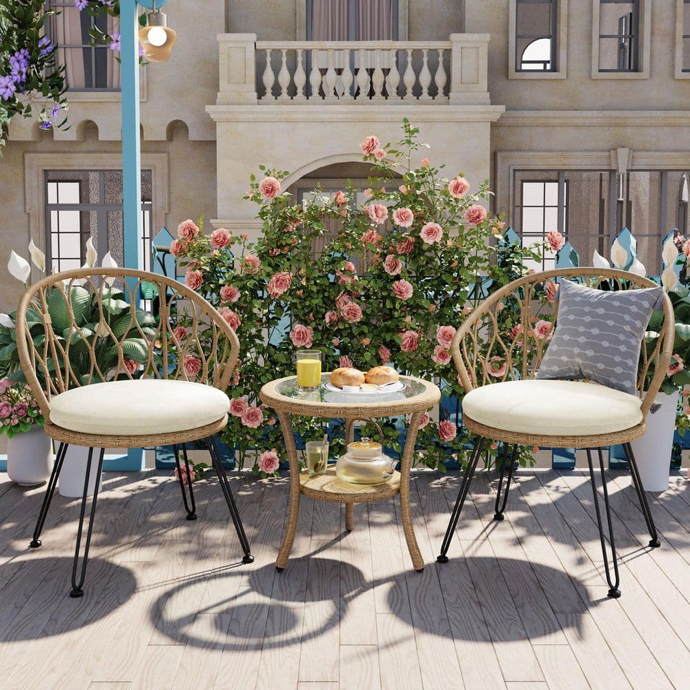 3-Piece Wicker Outdoor Bistro Set with Beige Cushions and A Glass Round ...