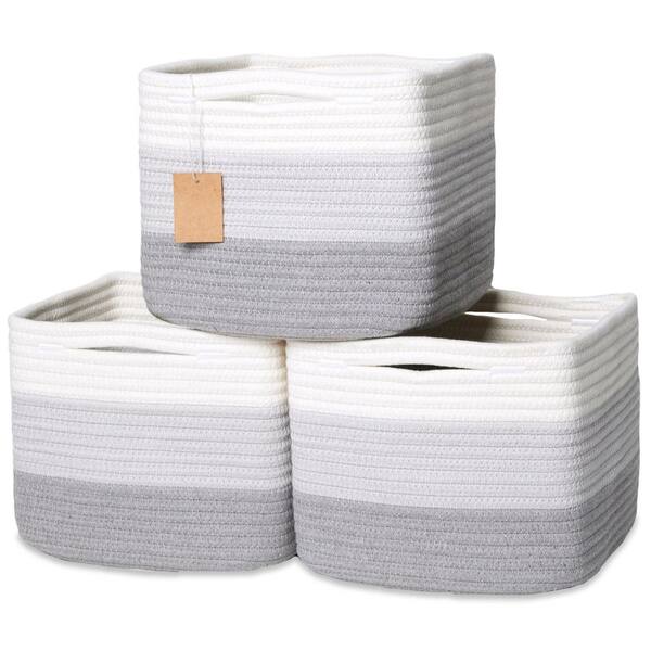 3-Tone Gray 9 in. x 7 in. Cotton Rope Woven Storage Decorative Basket ...