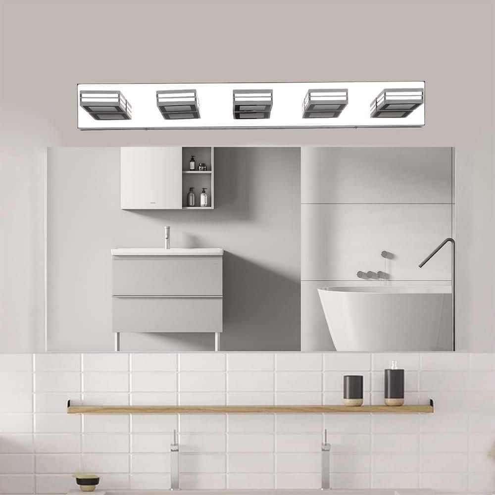 32 in. 5-Light Chrome LED Vanity Light with Square Acrylic Lampshades ...