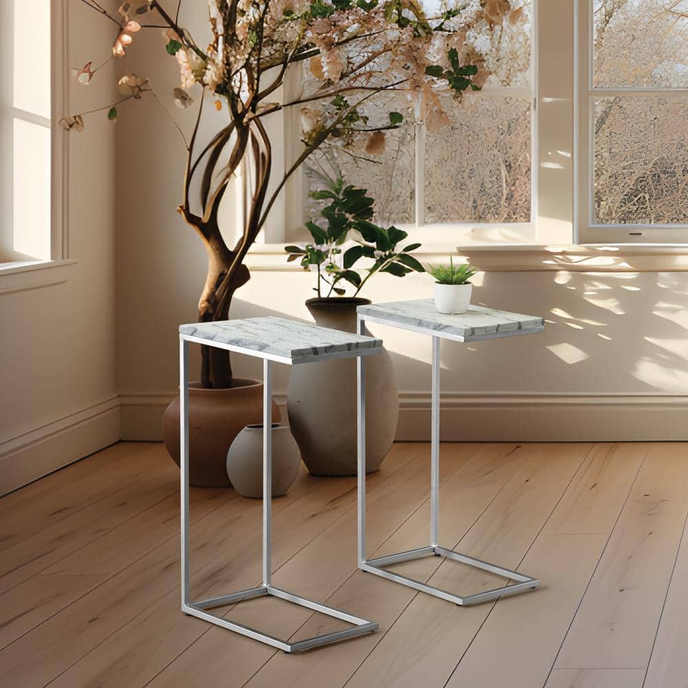 OSP Home Furnishings 10 in. Grey Solid Marble Top C Shaped End Table with Chrome Metal Base, (2 ...