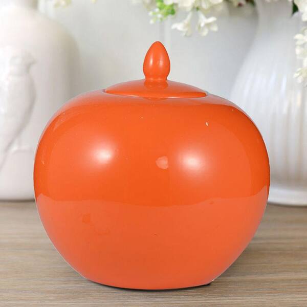 Benjara Round Orange Ceramic Lidded Bellied Jar BM180941 - The Home Depot