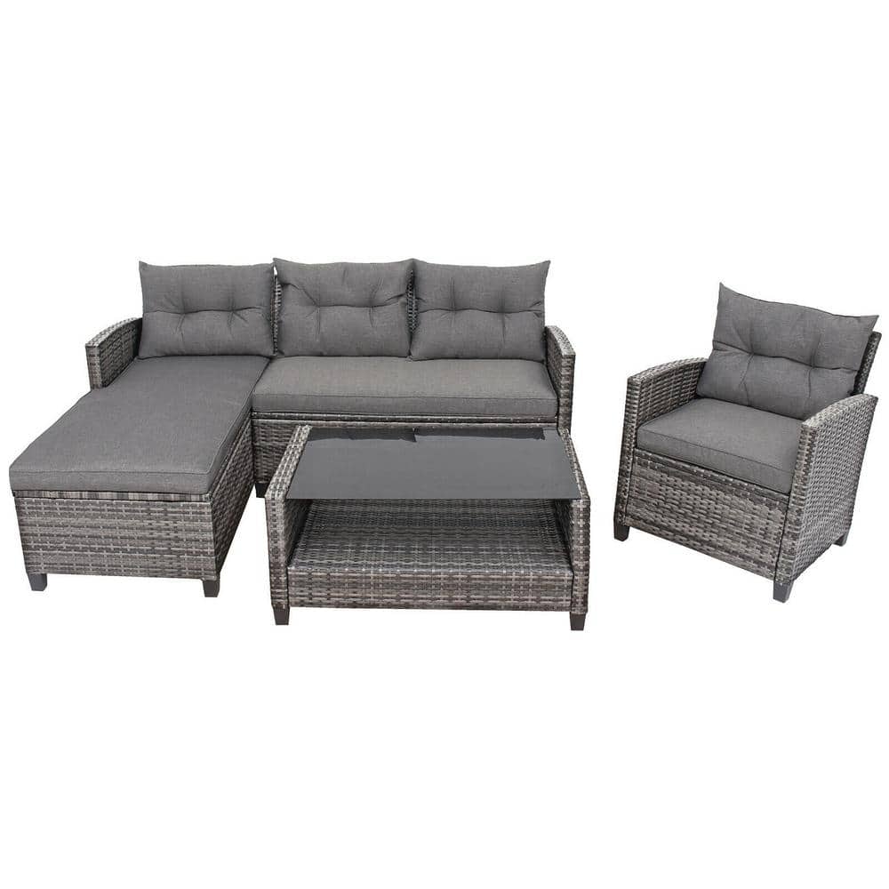 ANGELES HOME 4-Piece Wicker PE Rattan Patio Conversation Set with Gray ...