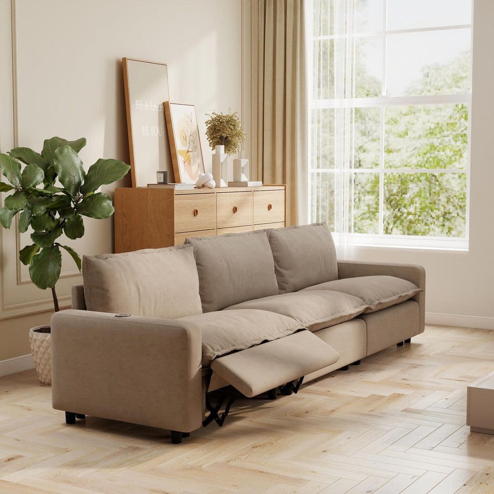 J&E Home 116.14 in. Square Arm 3-piece Linen Modular Electric Recliner ...