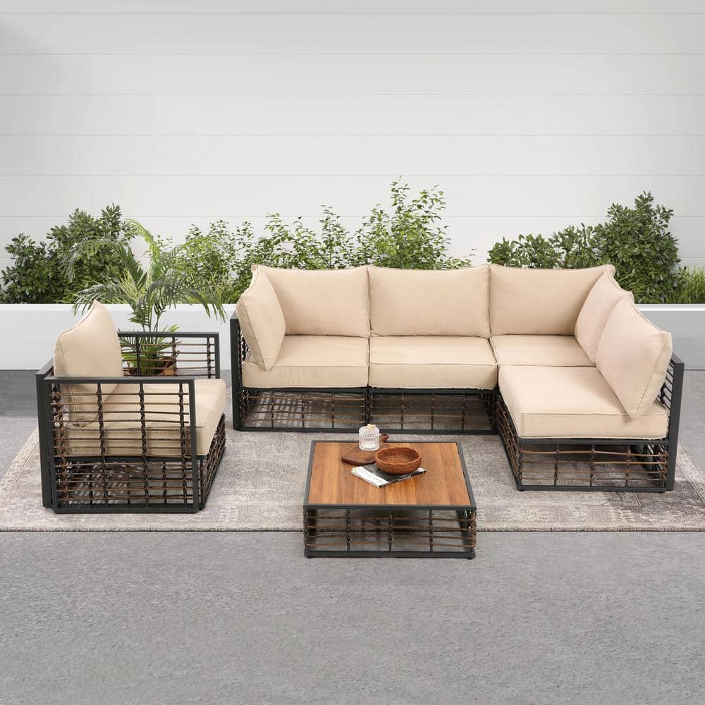 Black 6-Piece Wicker Patio Conversation Set with Beige Cushions ...