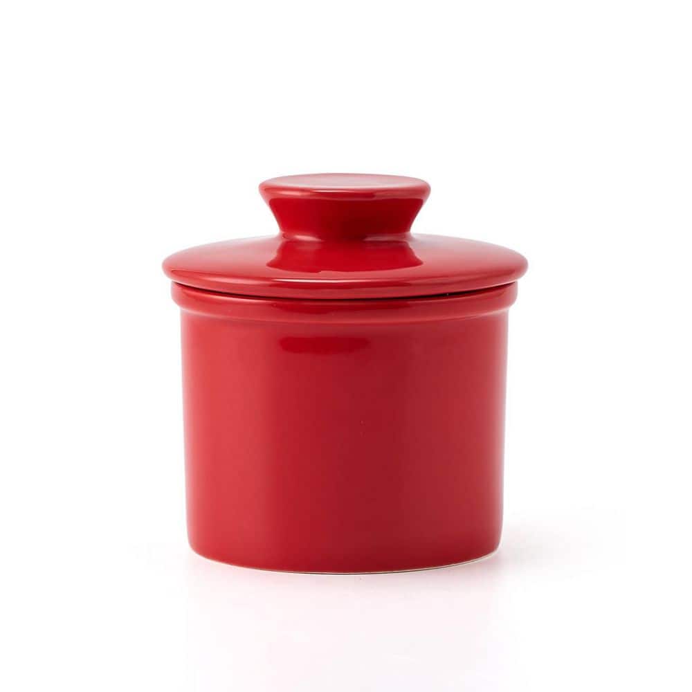 Wudkey 6 oz. Reactive Glaze Speckled Red Ceramic Butter Crock with Lid ...